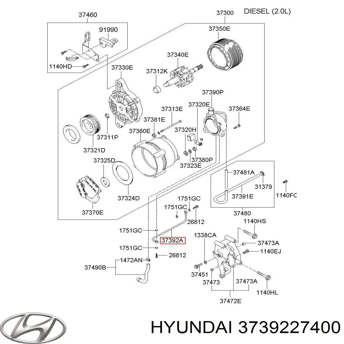 3739227400 Hyundai/Kia Трубка (шланг) подачи масла к турбине