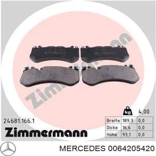 0064205420 Mercedes | Колодки тормозные передние дисковые 006 420 54 20 ...