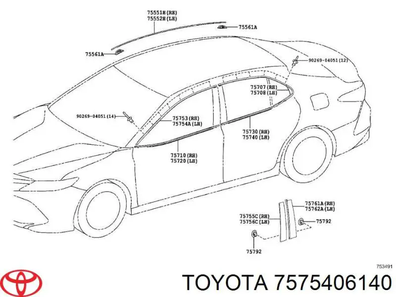 7575406140 Toyota молдинг рамы окна передней двери, верхний левый
